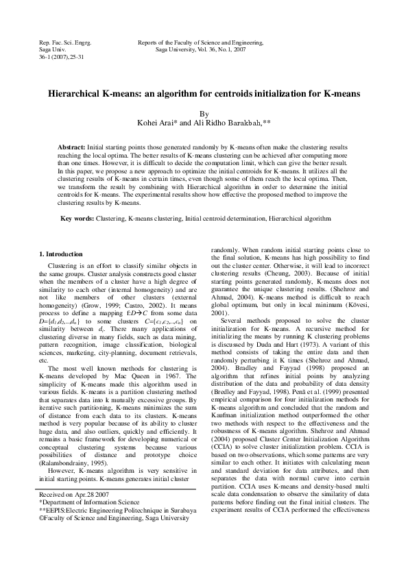 Pdf Hierarchical K Means An Algorithm For Centroids Initialization