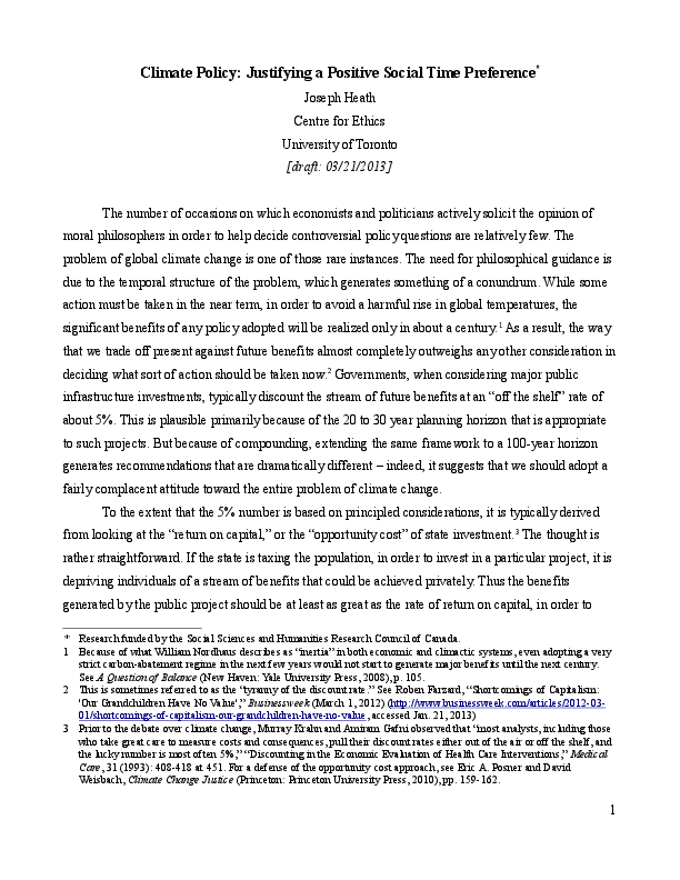 (PDF) Climate Policy: Justifying a Positive Social Time Preference
