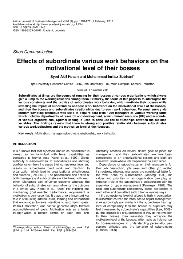 (PDF) Effects of subordinate various work behaviors on the motivational ...