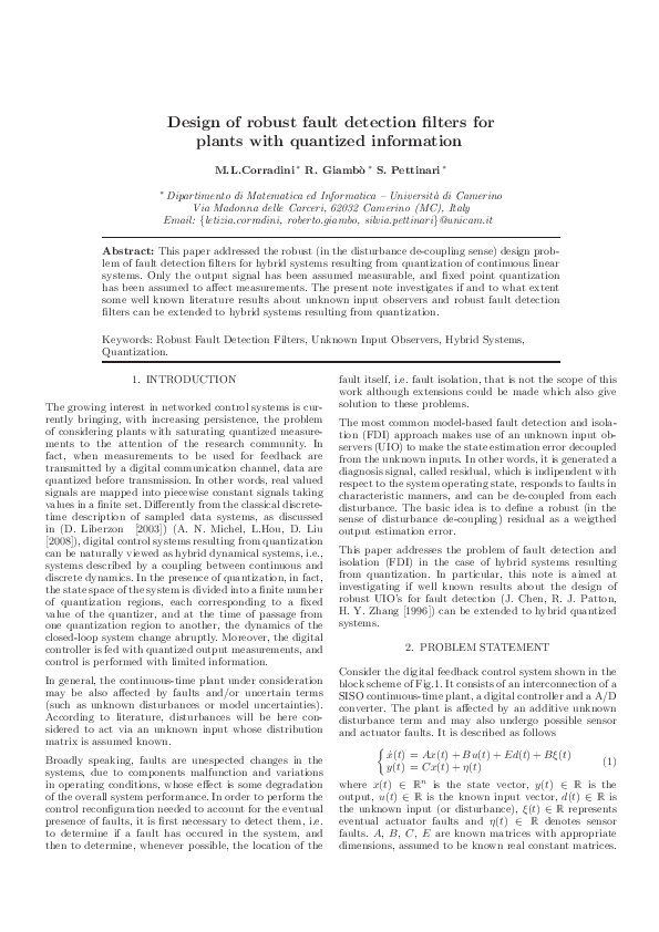 Pdf Design Of Robust Fault Detection Filters For Plants With Quantized Information