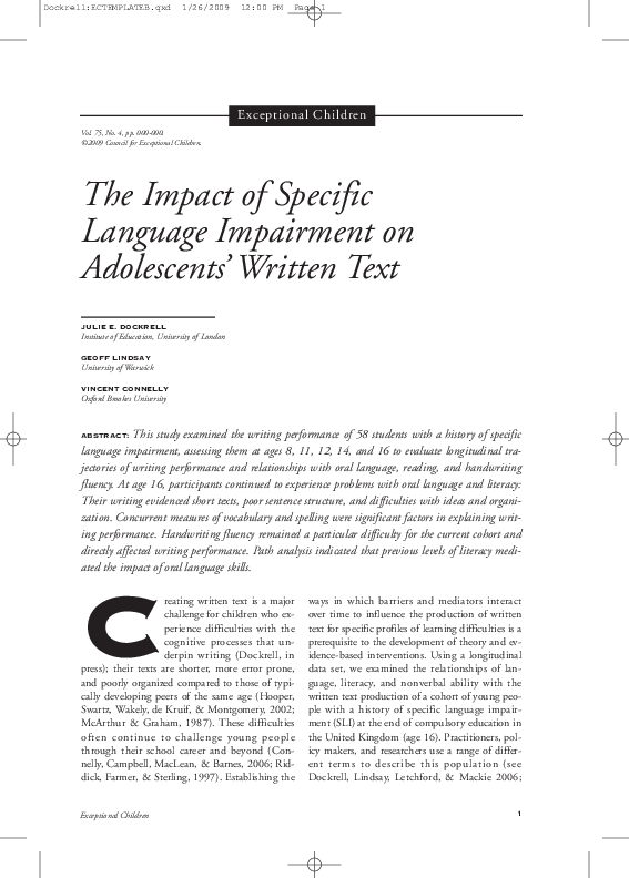 (PDF) The impact of specific language impairment on adolescents' written text