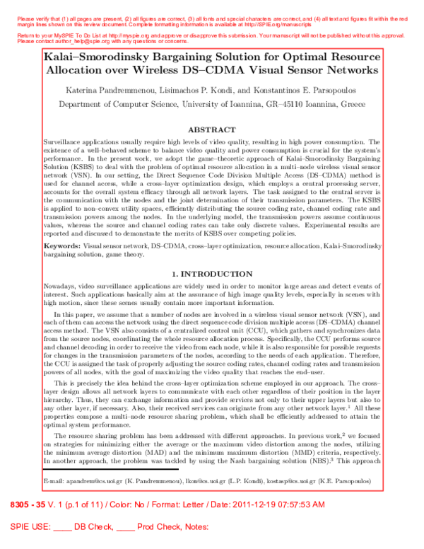 (PDF) Kalai–Smorodinsky Bargaining Solution for Optimal Resource Allocation over Wireless DS ...