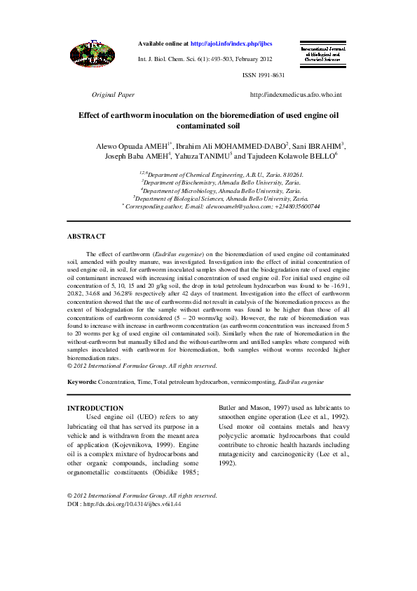 (PDF) Effect of earthworm inoculation on the bioremediation of used ...