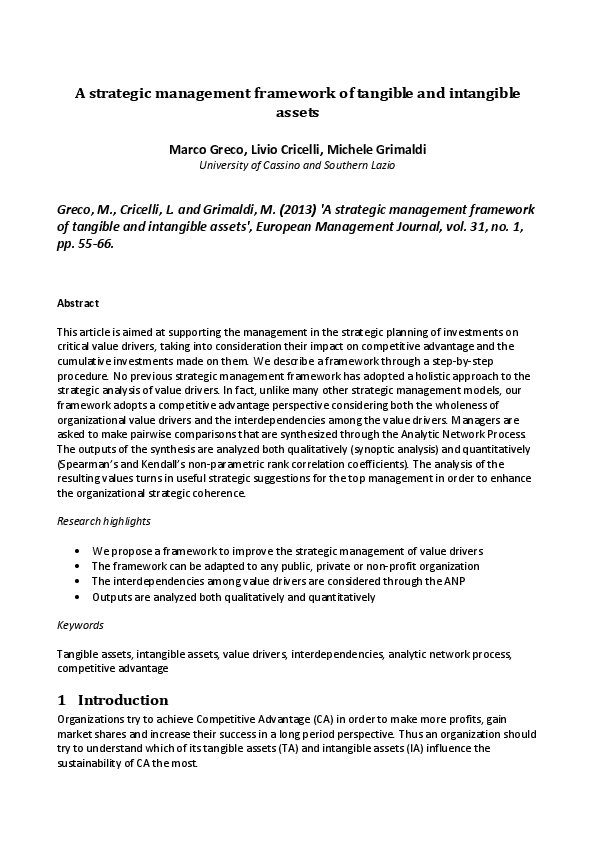 (PDF) A strategic management framework of tangible and intangible assets