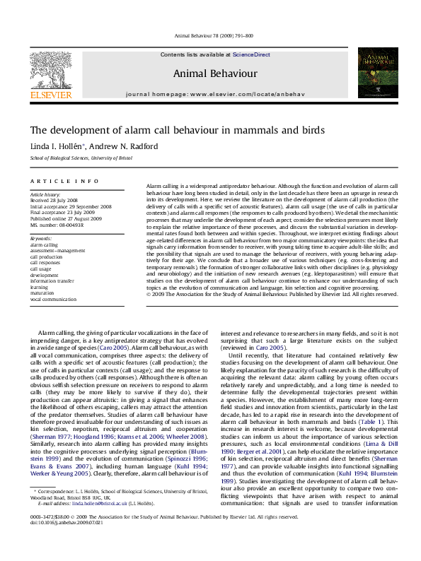 (PDF) The development of alarm call behaviour in mammals and birds