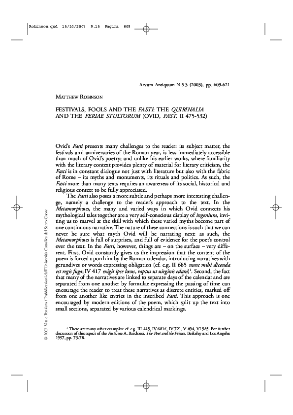 (PDF) Festivals, fools and the Fasti: the Quirinalia and the Feriae ...
