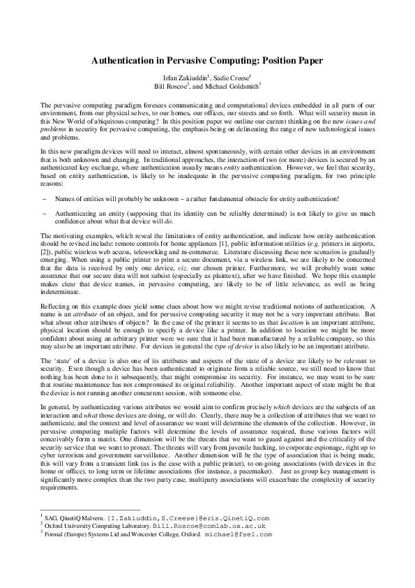 (PDF) Authentication in Pervasive Computing: Position Paper