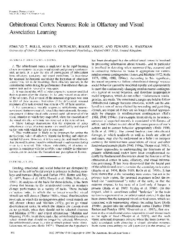 (PDF) Orbitofrontal Cortex Neurons: Role in Olfactory and Visual Association Learning