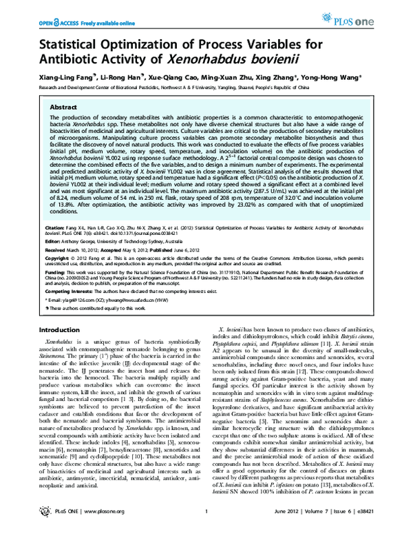 (PDF) Statistical Optimization of Process Variables for Antibiotic Activity of Xenorhabdus bovienii