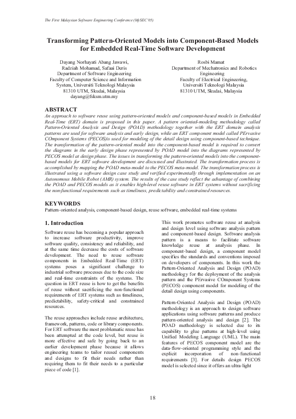 Pdf Transforming Pattern Oriented Models Into Component Based Models For Embedded Real Time 