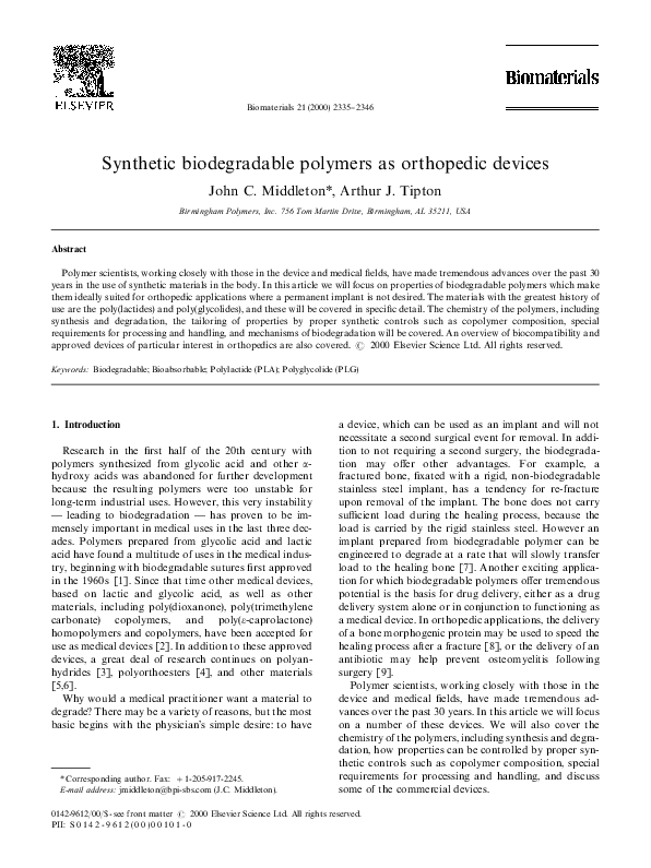 (PDF) Synthetic biodegradable polymers as orthopedic devices
