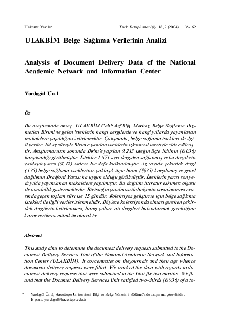(PDF) ULAKBİM Belge Sağlama Verilerinin Analizi