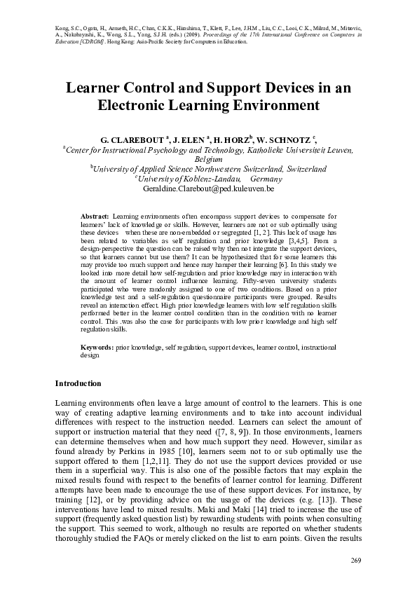 (PDF) Learner Control and Support Devices in an Electronic Learning ...
