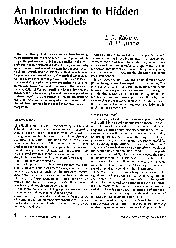 (PDF) An introduction to hidden Markov models