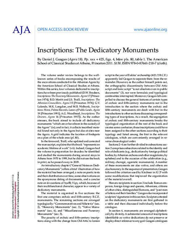 D.J. Geagan, The Athenian Agora, vol. XVIII, Inscriptions: The ...