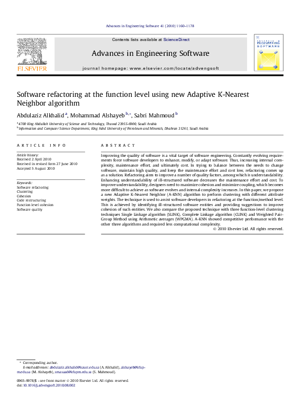 (PDF) Software Refactoring at the Function Level Using New Adaptive K