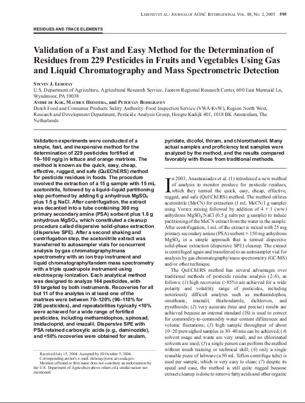 (PDF) Validation of a fast and easy method for the determination of residues from 229 pesticides ...