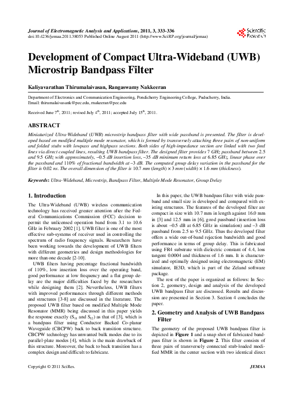 (PDF) Development of Compact Ultra-Wideband (UWB) Microstrip Bandpass Filter