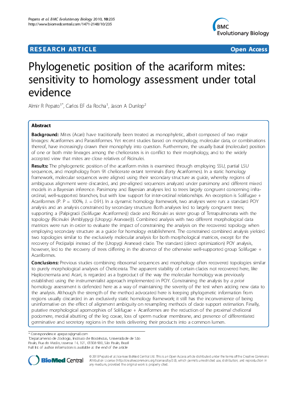 (PDF) Phylogenetic position of the acariform mites: sensitivity to ...