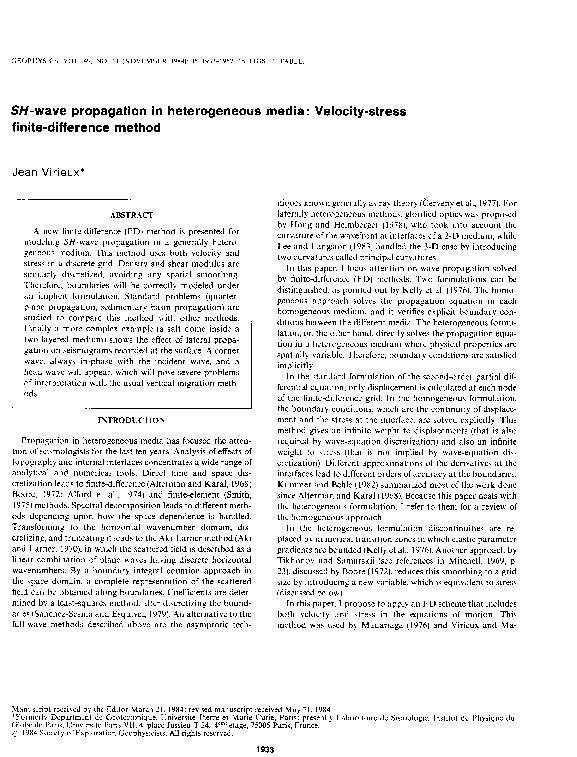 (PDF) P-SV wave propagation in heterogeneous media: Velocity-stress finite-difference method