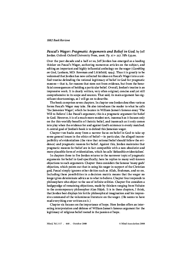 (PDF) Review of Jeff Jordan Pascal's Wager: Pragmatic Arguments and ...