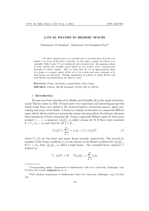 (PDF) G-DUAL FRAMES IN HILBERT SPACES