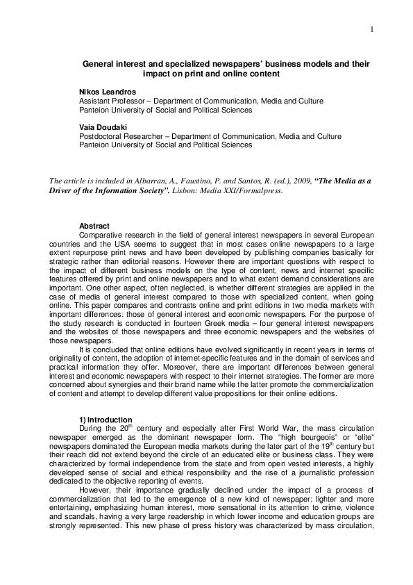 (PDF) General interest and specialized newspapers’ business models and ...