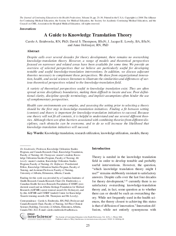 (PDF) A guide to knowledge translation theory