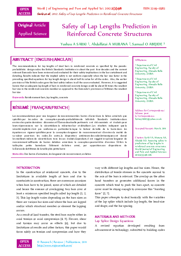 (PDF) Safety of Lap Lengths Prediction in Reinforced Concrete Structures