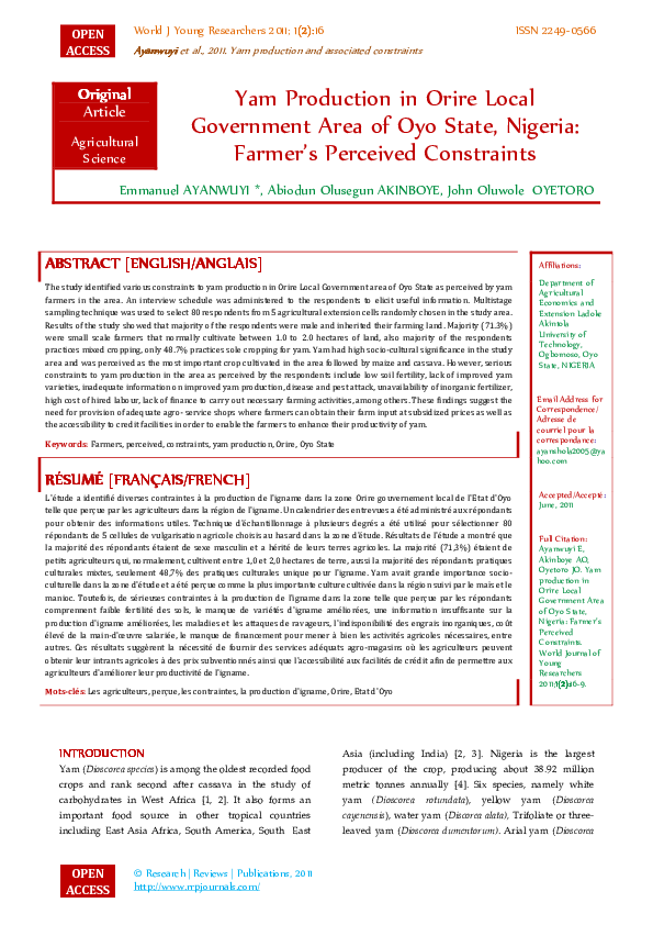 (PDF) Yam Production in Orire Local Government Area of Oyo State, Nigeria: Farmer’s Perceived ...