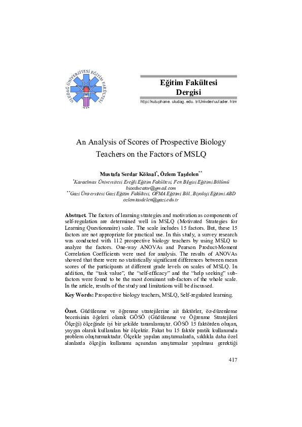(PDF) An analysis of scores of prospective biology teachers on the factors of MSLQ