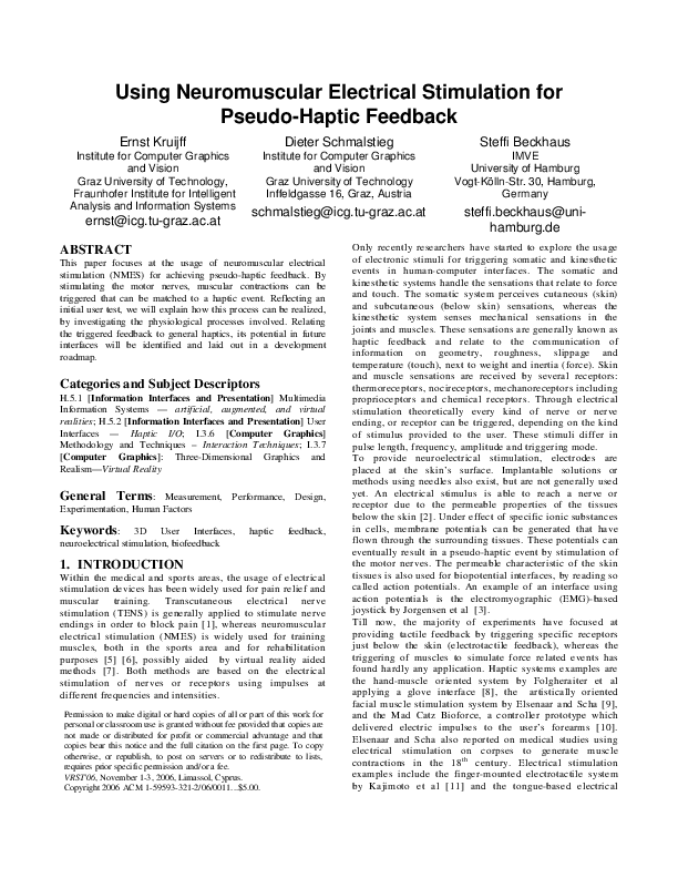 (PDF) Using Neuromuscular Electrical Stimulation for Pseudo-Haptic Feedback
