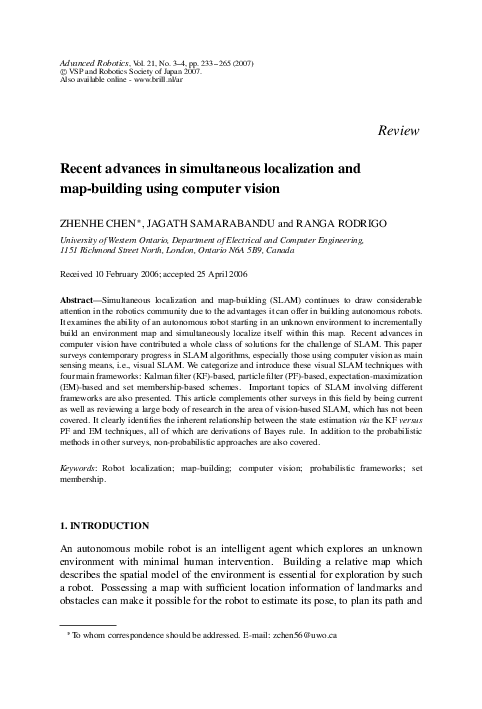 (PDF) Recent advances in simultaneous localization and map-building using computer vision