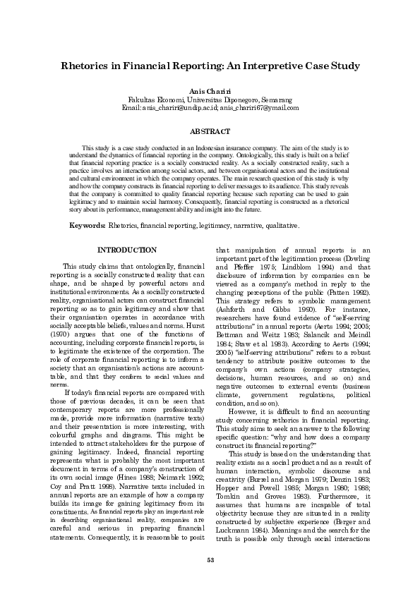 (PDF) Rhetorics in Financial Reporting: An Interpretive Case Study