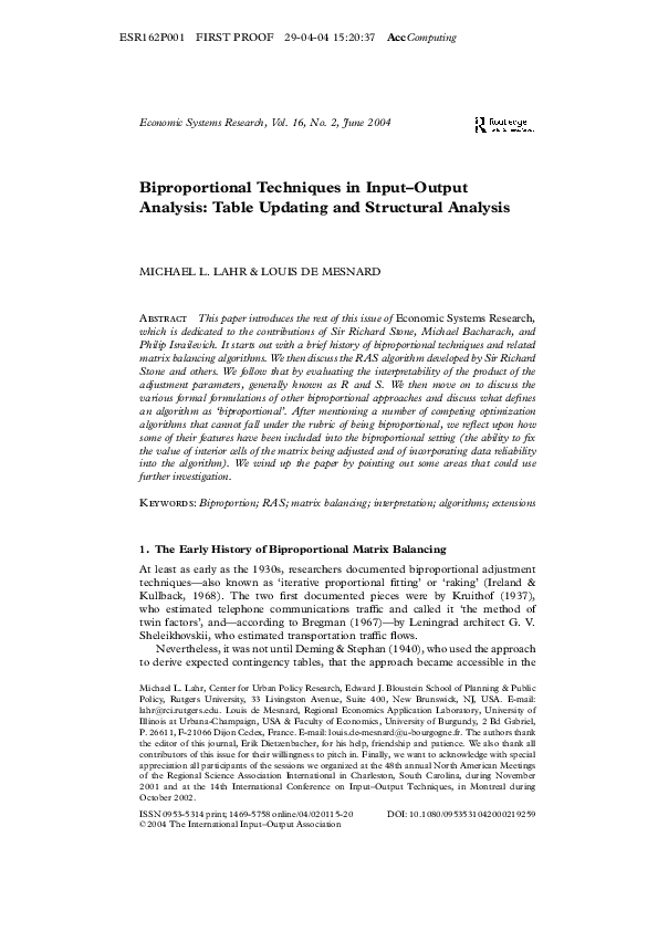 Pdf Biproportional Techniques In Input Output Analysis Table Updating And Structural Analysis