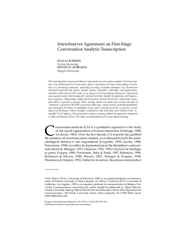 (PDF) Interobserver Agreement on First-Stage Conversation Analytic ...