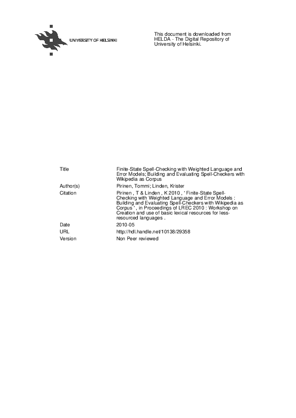 (PDF) Finite-state spell-checking with weighted language and error models