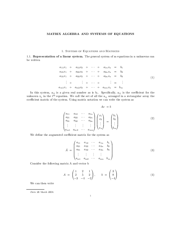 (PDF) MATRIX ALGEBRA AND SYSTEMS OF EQUATIONS 1. Systems of Equations and Matrices