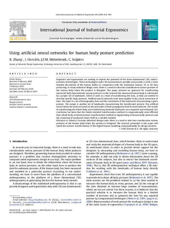 (PDF) Using artificial neural networks for human body posture prediction