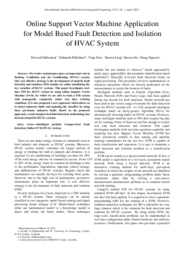 Pdf Online Support Vector Machine Application For Model Based Fault Detection And Isolation Of