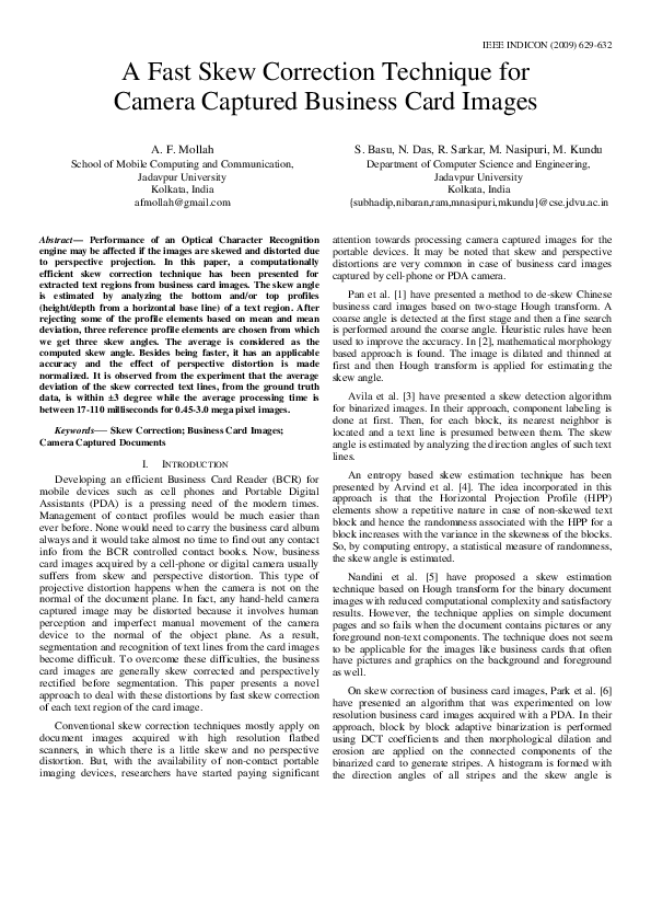 Pdf A Fast Skew Correction Technique For Camera Captured Business Card Images