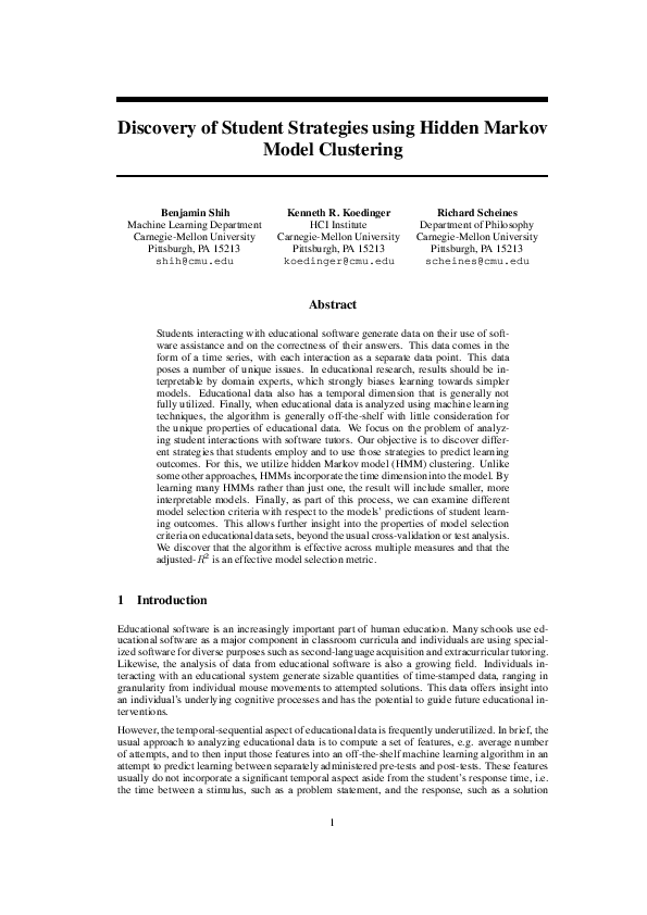 (PDF) Discovery of Student Strategies using Hidden Markov Model Clustering