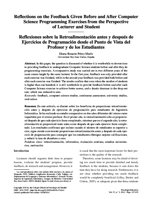 (PDF) Reflections on the Feedback Given Before and After Computer ...