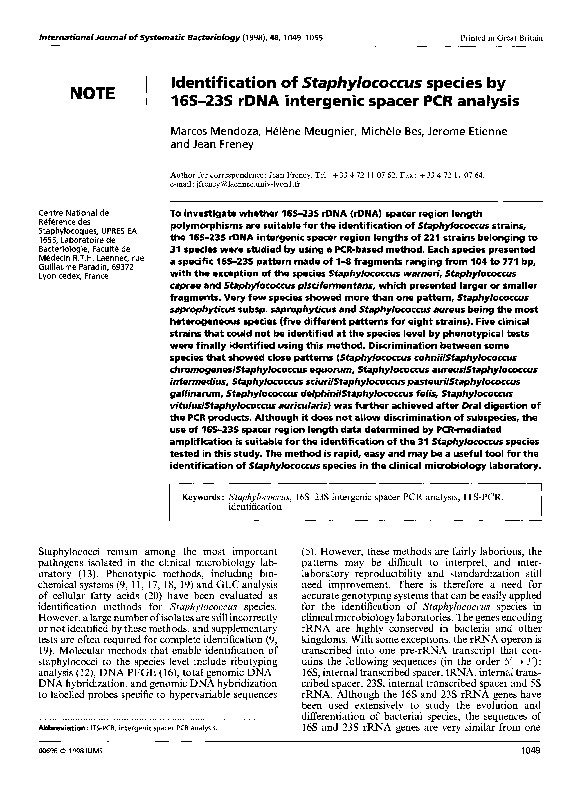 (PDF) ldentif ication of Staphylococcus species by 16s-23s rDNA ...