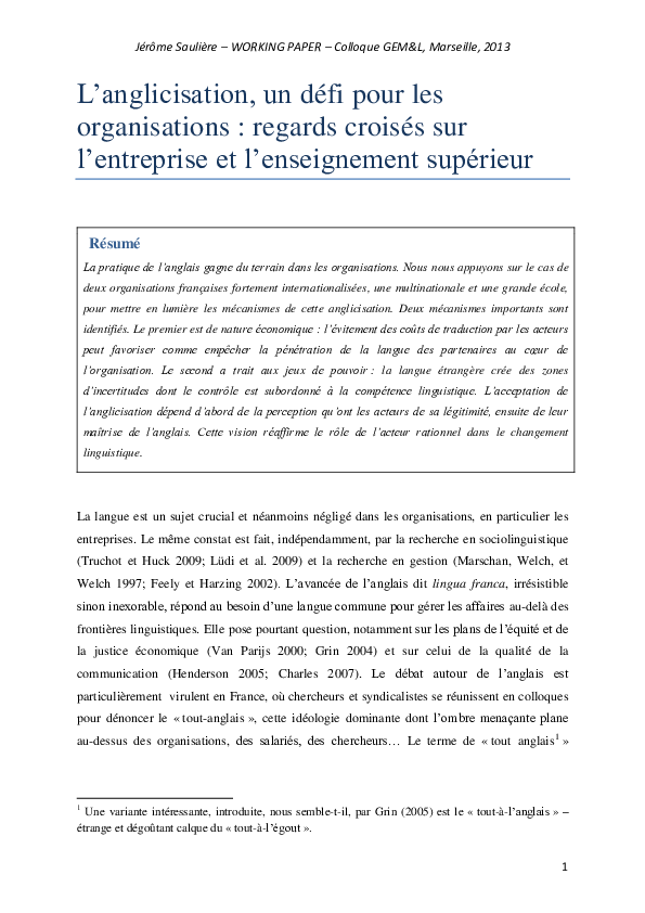 L’anglicisation, un défi pour les organisations : regards croisés sur l ...