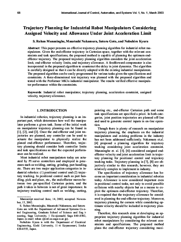 (PDF) Trajectory Planning for Industrial Robot Manipulators