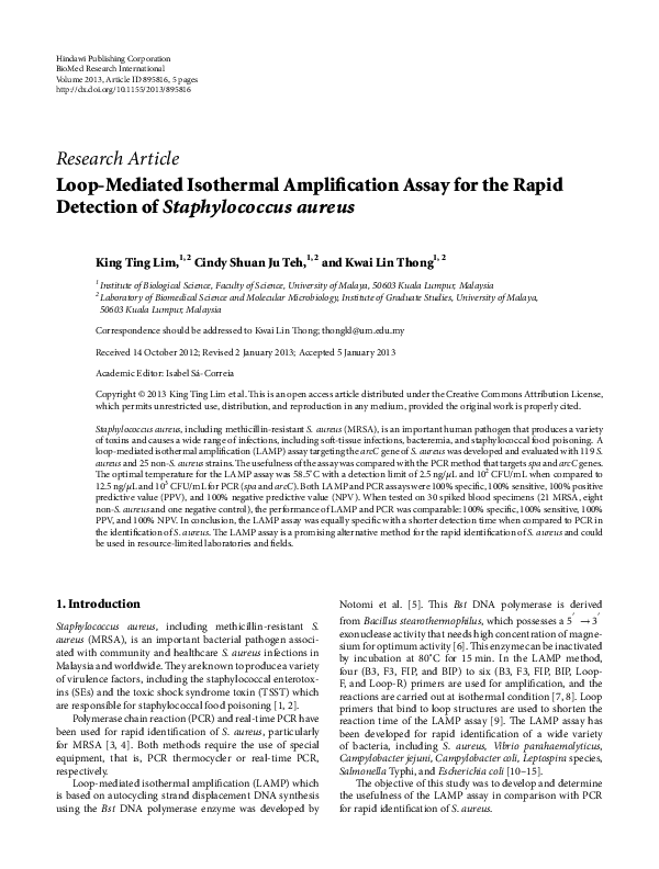 (PDF) Loop-Mediated Isothermal Amplification Assay for the Rapid Detection of Staphylococcus aureus