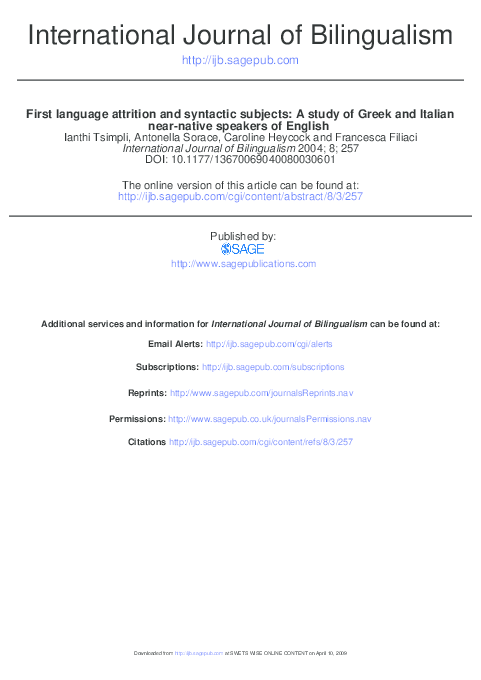 (PDF) First Language Attrition and Syntactic Subjects: A Study of Greek ...