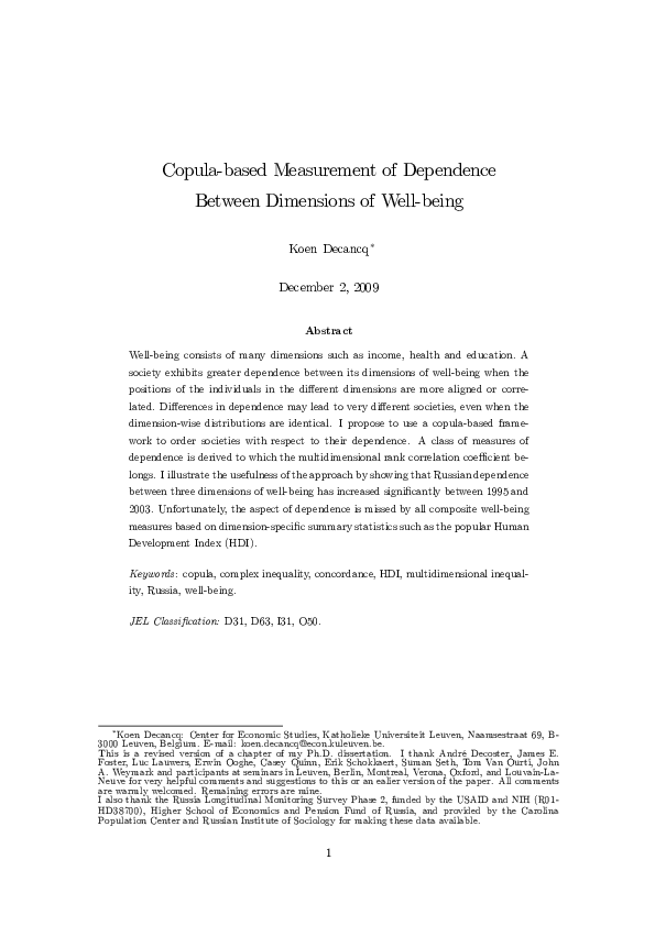 (PDF) Copula-based measurement of dependence between dimensions of well-being