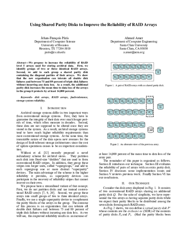 (PDF) Using Shared Parity Disks to Improve the Reliability of RAID Arrays